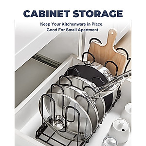 BRONYPRO Adjustable Pots and Pans Organizer for Kitchen Cabinet, Rustproof Storage Organizer Rack for Heavy Pots Pans with 8 Slots, for Skillets, Frying Pan, Pot Lids, Kitchen Must Have (Black)