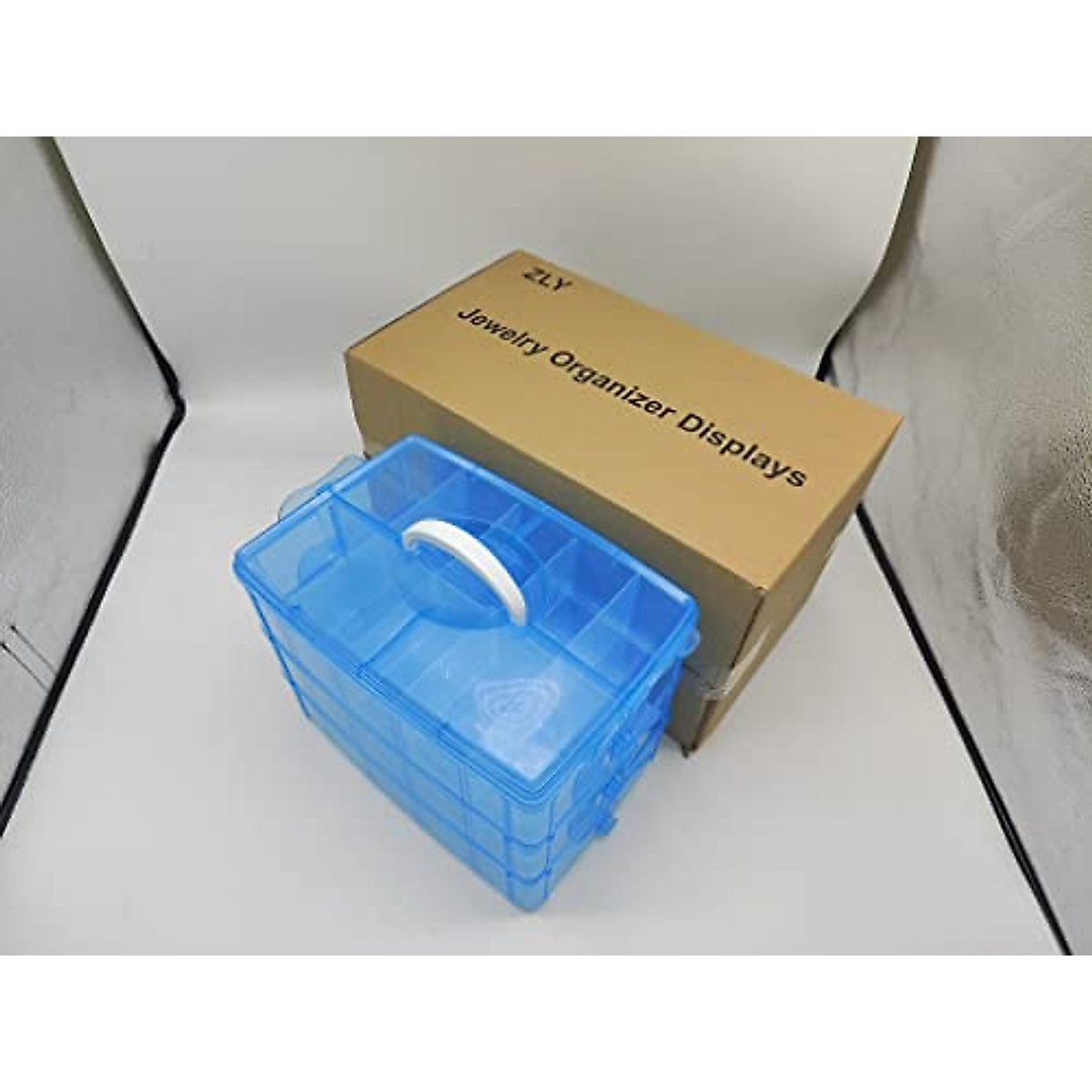 ZLY 3-Tier Demountable Plastic Jewelry Box Organizer Storage Container with Adjustable Dividers 30（Large） Grids (Blue, XL-30 Grids)