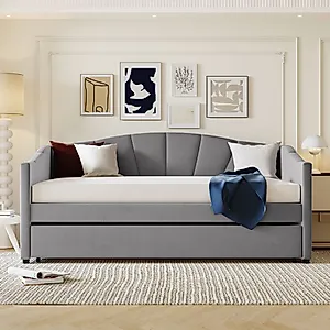 GINGVAT Stylish Upholstered Daybed Sofa Bed with Twin Size Trundle and Wood Slat, Gray, White