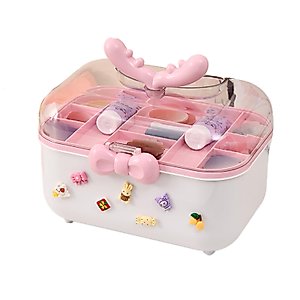 Girls Hair Accessories Storage Box, Cute Hair Accessories Organizer, Jewelry Box with Upper and Lower Layers, Deer Horn Handle, Bow Switch Girls Multipurpose Organizer and Portable Storage Box (Pink)