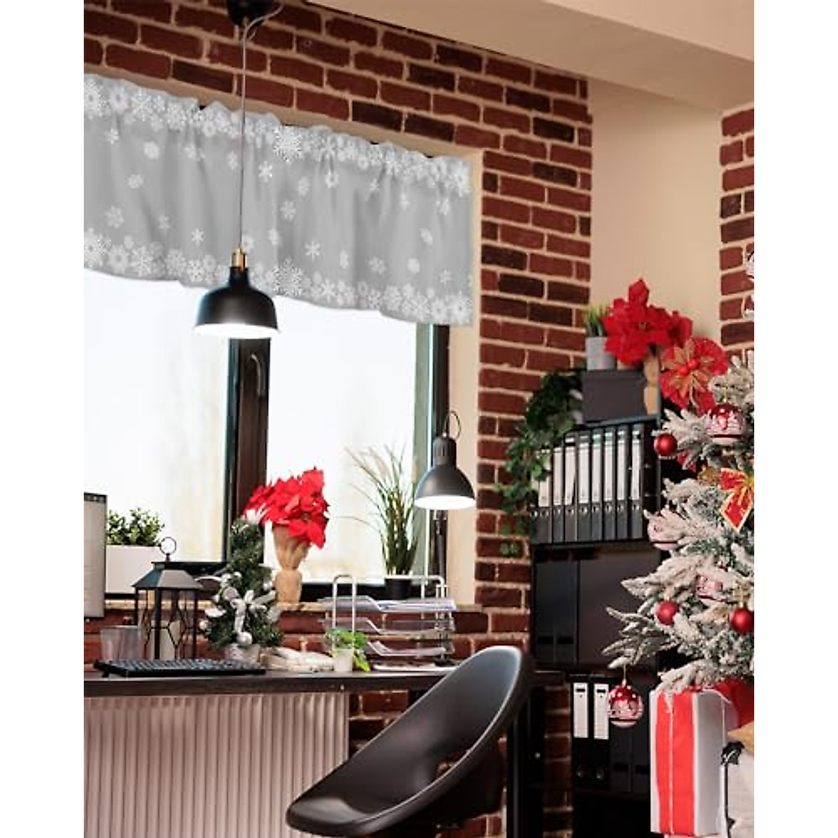 Jacekidy Christmas Snowflakes Valances for Window, Short Kitchen Curtains Valances Rod Pocket Window Valance Curtains for Living Room Bathroom Bedroom Cafe Seasonal Winter Xmas Grey Backdrop 54"x18"