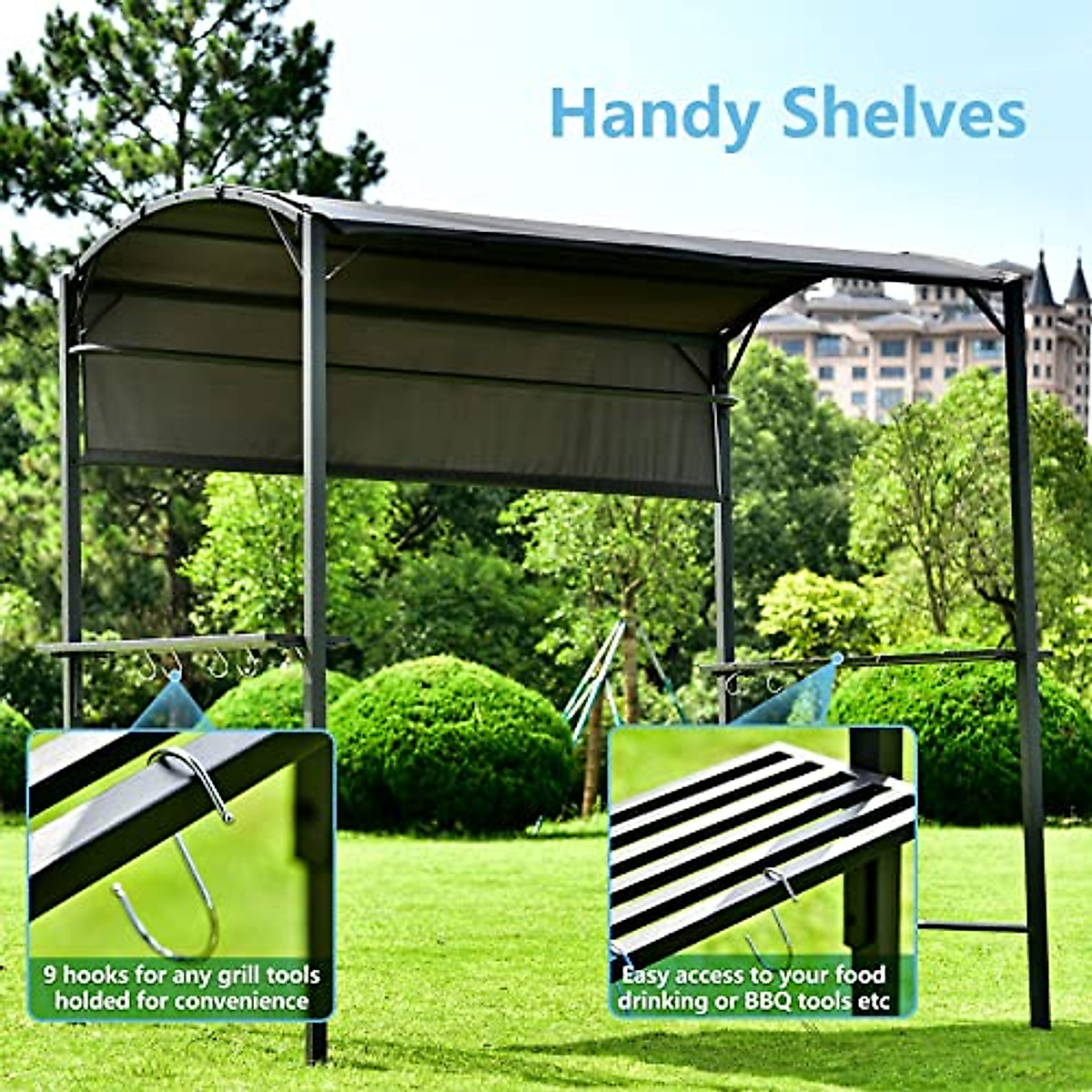 7' x 4.5' Grill Gazebo, Outdoor BBQ Canopy with Side Awning, Steel Double Tiered Grill Canopy Tent with Shelves and Hooks for Patio and Backyard, Gray