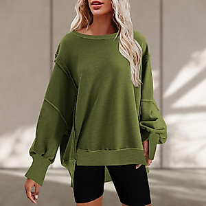 SMIDOW prime deals day Womens Oversized Crewneck Sweatshirts Hoodies Fall 2023 Fashion Warm Y2k Clothes Casual Slit Sloucthy Pullover Tops Oversized Crewneck Sweatshirt Army Green
