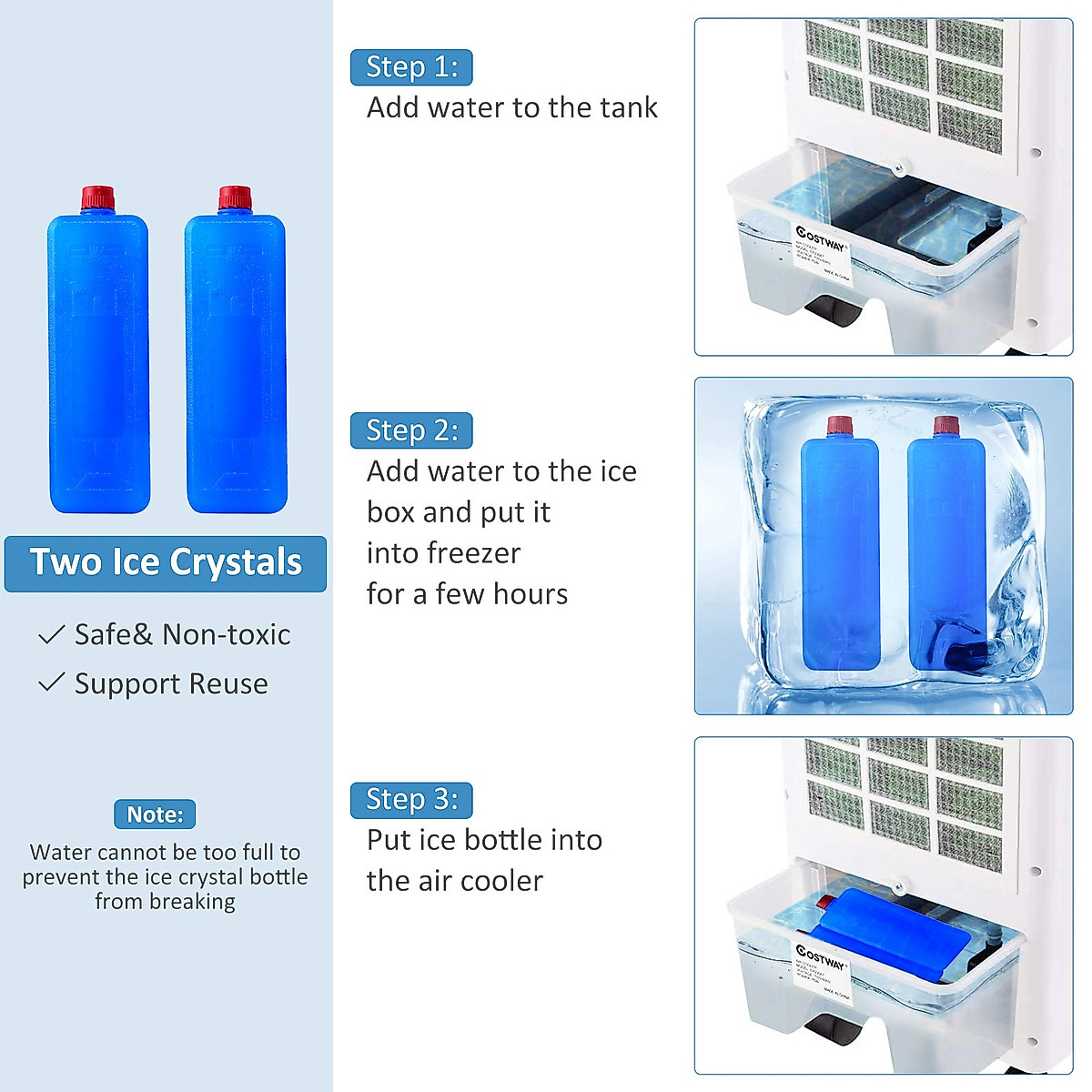 COSTWAY Evaporative Cooler, Portable Cooling Fan with Remote Control, 3-Mode, 3-Speed and 7.5H Timer Function, Include Ice Crystal Boxes, Water Tank and Casters, Bladeless Cooler for Home Office