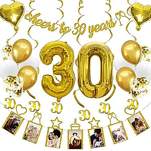 30th Anniversary and Birthday Decorations Party Supplies Set of Cheers to 30 Years Photo Banner and Balloons,Hanging Swirls for 30 year Anniversary,Birthday decor(Gold)