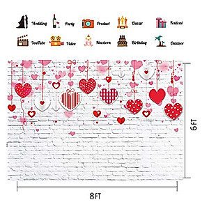 LTLYH 8x6ft Valentine's Day Backdrop White Brick Wall Red Hearts Photography Background Valentine's Day Wedding Bridal Shower Birthday Party Decor Banner Portrait 088
