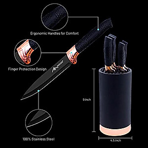 5-Piece Kitchen Knife Set with Block - Rust-Proof Stainless Steel Kitchen Knives with Black, Modern Design - Includes Chefs Knife, Carving Knife, Bread Knife, Utility Knife, Paring Knife, Knife Block