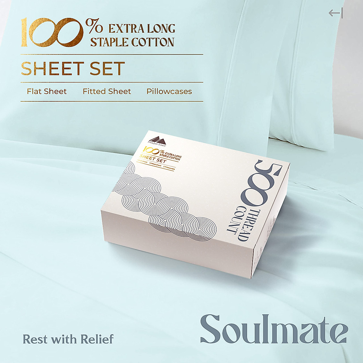 Mayfair Linen Twin Sheets Set Cotton - 500 Thread Count 100% Cotton Twin Sheet Set, 3 PC Twin Sheets, Cooling & Luxury Sateen Sheets, 16" Deep Pockets Easy Fit, Breathable Cotton Sheets (Sea Foam)