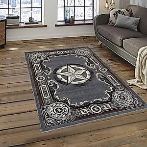 champion rugs Premium 3D Effect Hand Carved Thick Modern Cowboy Lodge Texas Star Grey Traditional Area Rug (5' 3" X 7' 5")