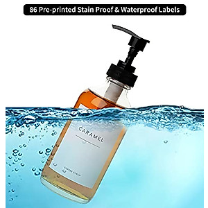 Jweltz Coffee Syrup Dispenser - 4-Pack Glass Pump Bottles with 86 Coffee Syrup Labels - Clear Sleek Coffee Bar Accessories, Kitchen Decor for Counter & Housewarming Gift - 8oz. (Black)