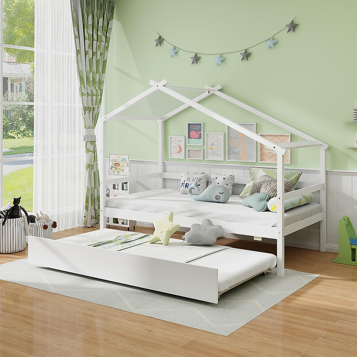 Giantex Wood House Bed for Kids, Twin Bed Frame with Trundle Bed Twin, Kids Bed Frame with Headboard and Footboard, Twin Size House Bed for Kids, Girls, Boys (White)