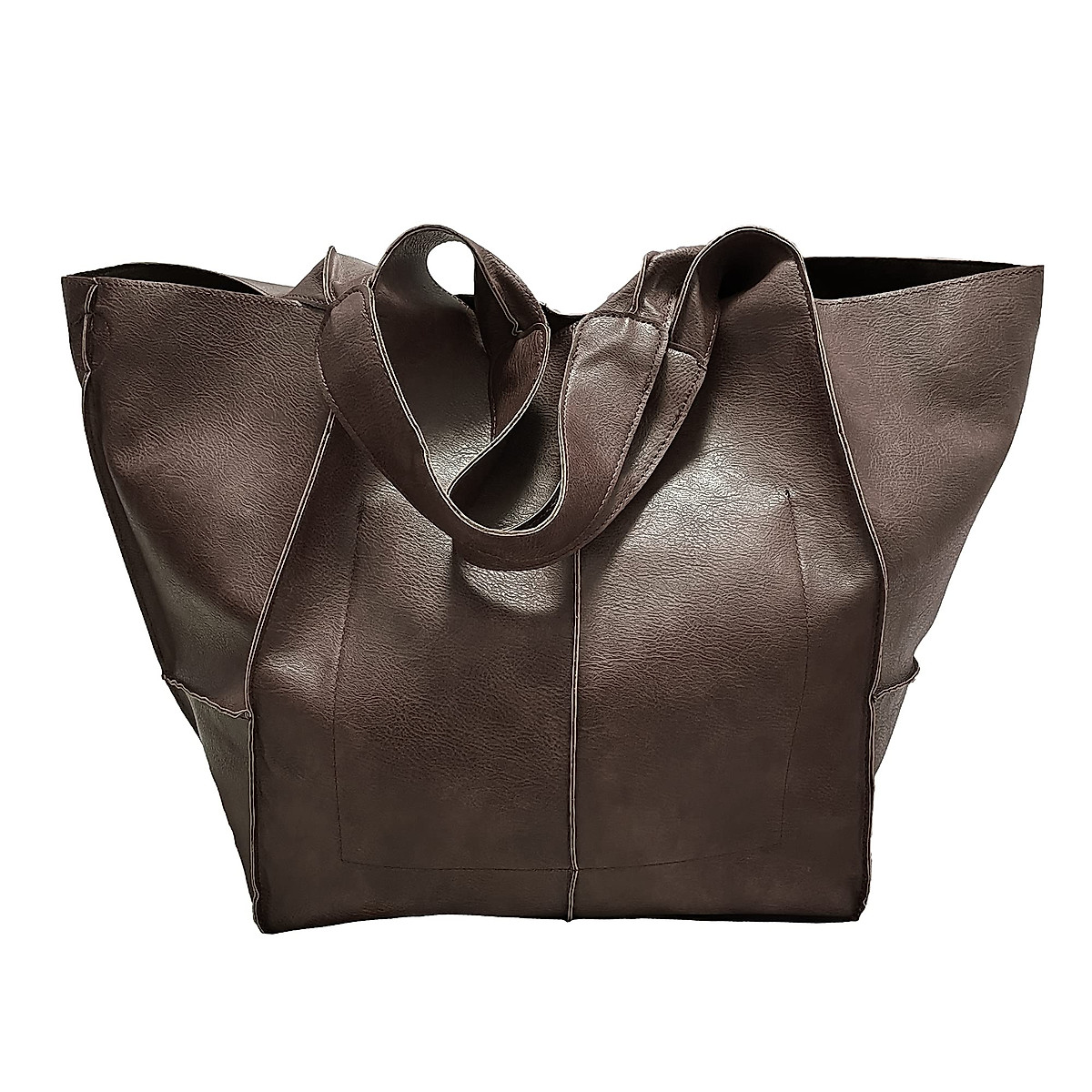 Qunsia Oversized Soft Leather Shoulder Bag Foldable Hobo Bag Weekend Travel Tote (Coffee)