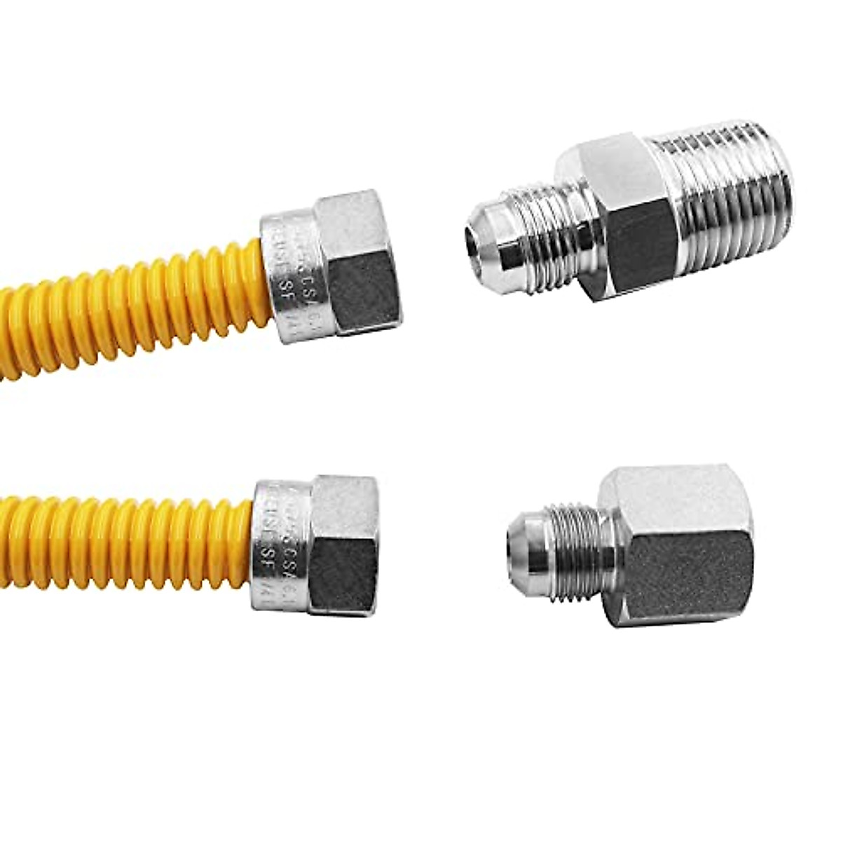 MENSI 20" Non-Whistle Flexible Yellow Flex Gas Line Connector Kit for NG or LP Fire Pit and Fireplace with 1/2" Female and Male Adaptor Fitting But A Quarter Inch Hose Diameter