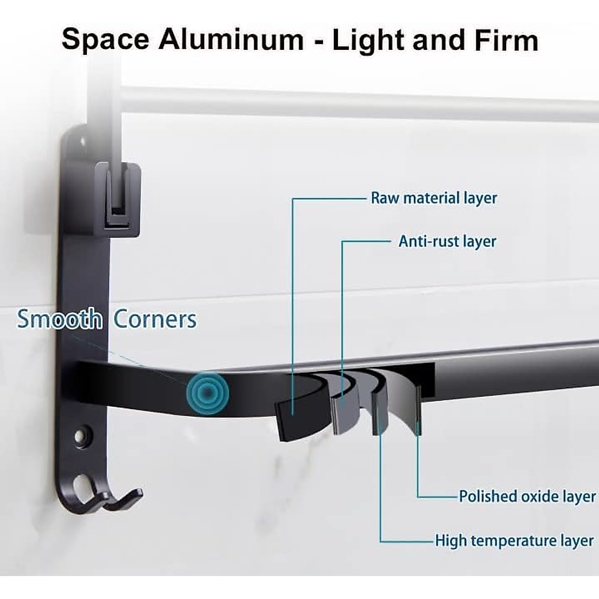 Towel Racks for Bathroom 24 inch, Matte Black Towel Rack Wall Mounted with Double Shelf, Bathroom Towel Shelf with Towel Bar, Rustproof Wall Towel Rack with Hooks, Adhesive Bath Towel Holder