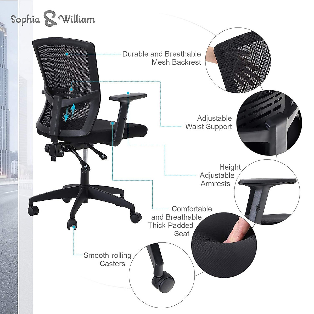 Sophia & William Ergonomic Mesh Office Desk Chair High Back, Modern 360° Swivel Executive Computer Chair with Height Adjustable Armrests, Lumbar Support, Black - 1 Pack, Load Capacity: 300 lbs