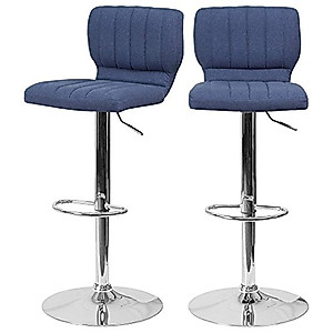 KLS Modern Barstools Adjustable Hydraulic 360 Degree Swivel Stable Steel Frame Fabric Padded Cushion Low Back Seat Design Dining Chair Pub Stool - Set of 2 Blue # 1969