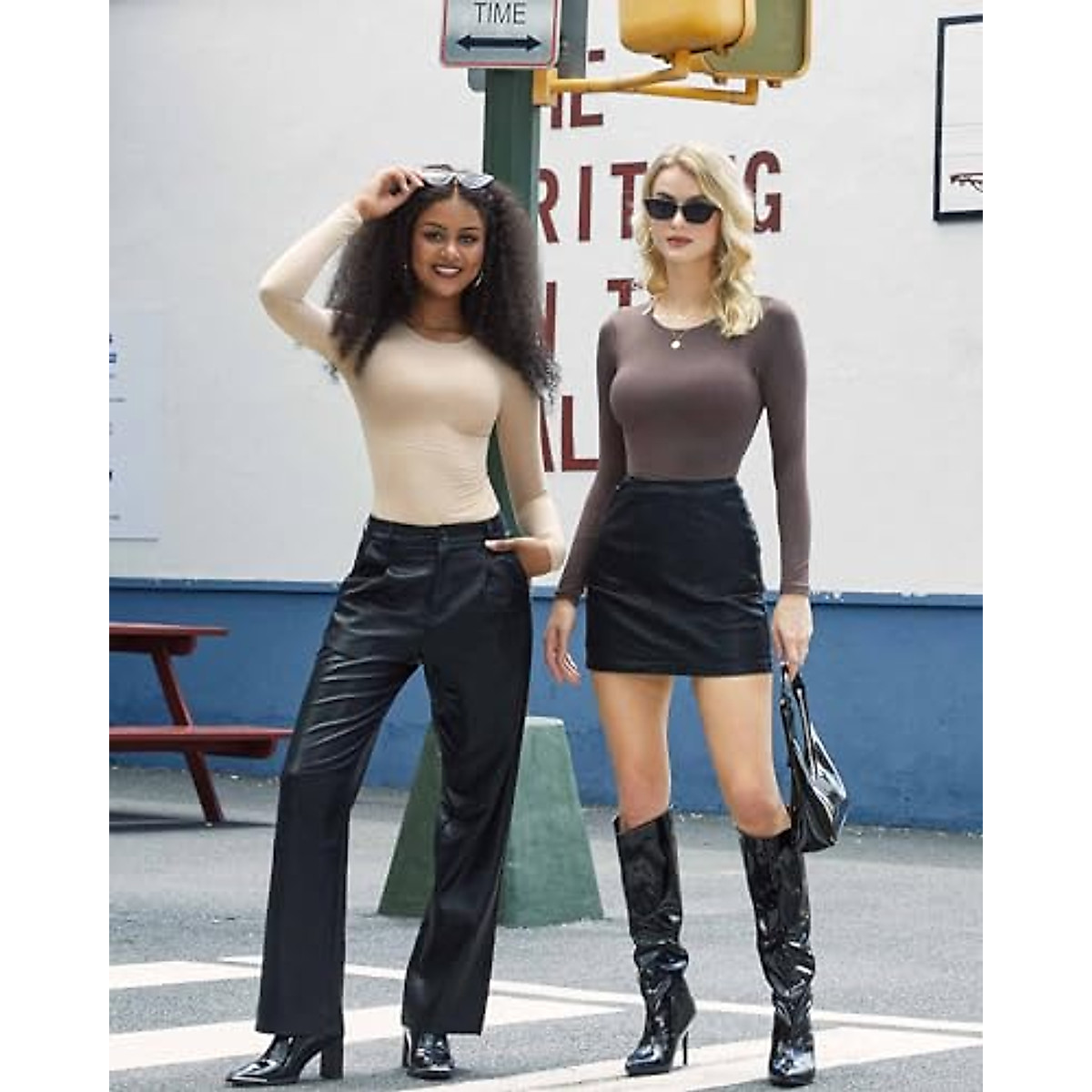 SUUKSESS Women Double Lined Fitted Basic Tee Shirts Crew Neck Long Sleeve Going Out Crop Tops (Champagne, XS)