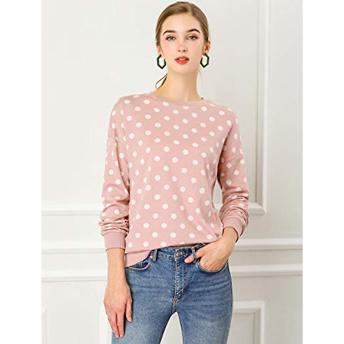 Allegra K Women's Winter Fall Casual Pullover Crewneck Long Sleeve Polka Dots Sweatshirt Sweater Small Pink