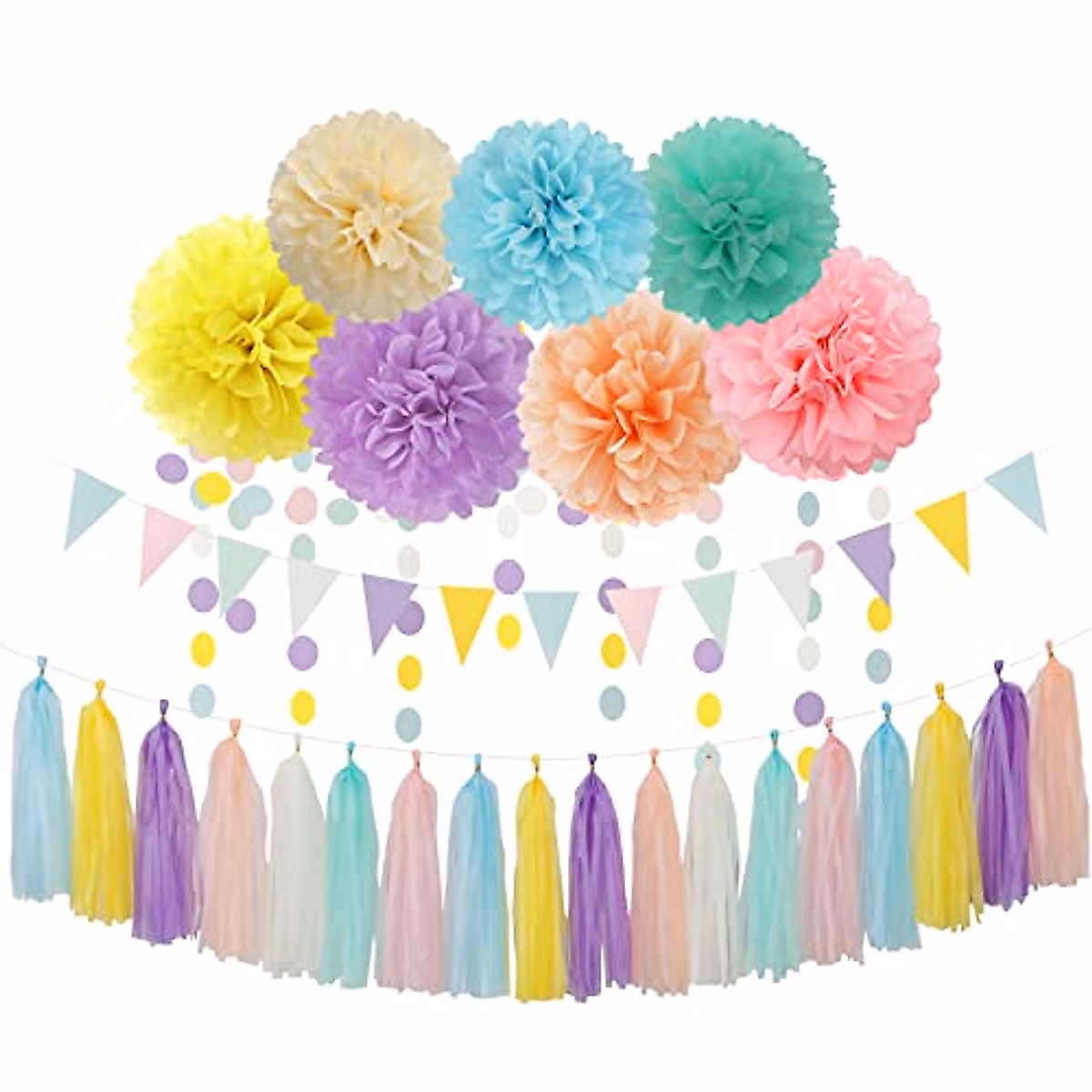 Pastel Rainbow Party-Decorations Supplies Streamers-Garland - 29pcs Baby Shower Birthday Wedding Tissue Pom Poms,Tassel Banner Backdrop Decor Bunting Lasting Surprise