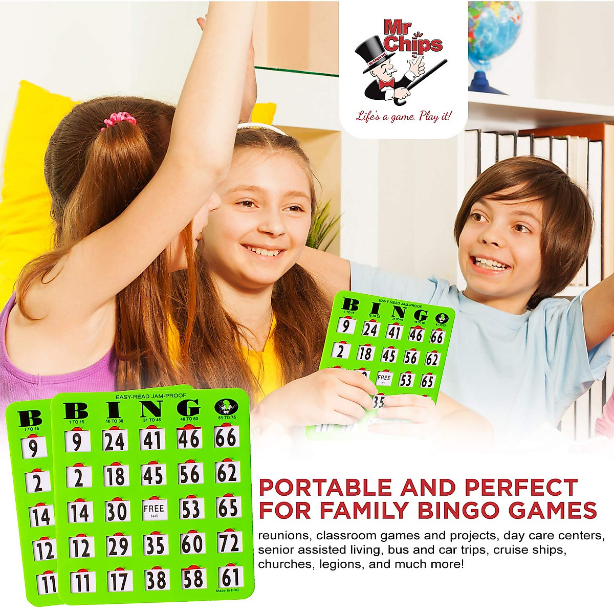 MR CHIPS 50 Easy Read Shutter Slide Bingo Cards with Cage, Everlasting Balls and Master Board