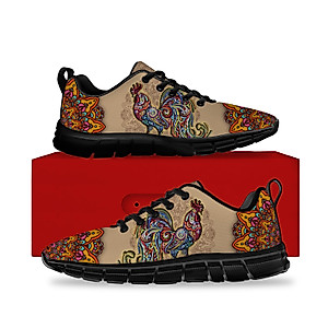 Mens Womens Rooster Shoes Running Walking Tennis Sneakers Mandala Rooster Flower Farm Animal Shoes Gifts for Women Men,Size 9 Men/10.5 Women Black