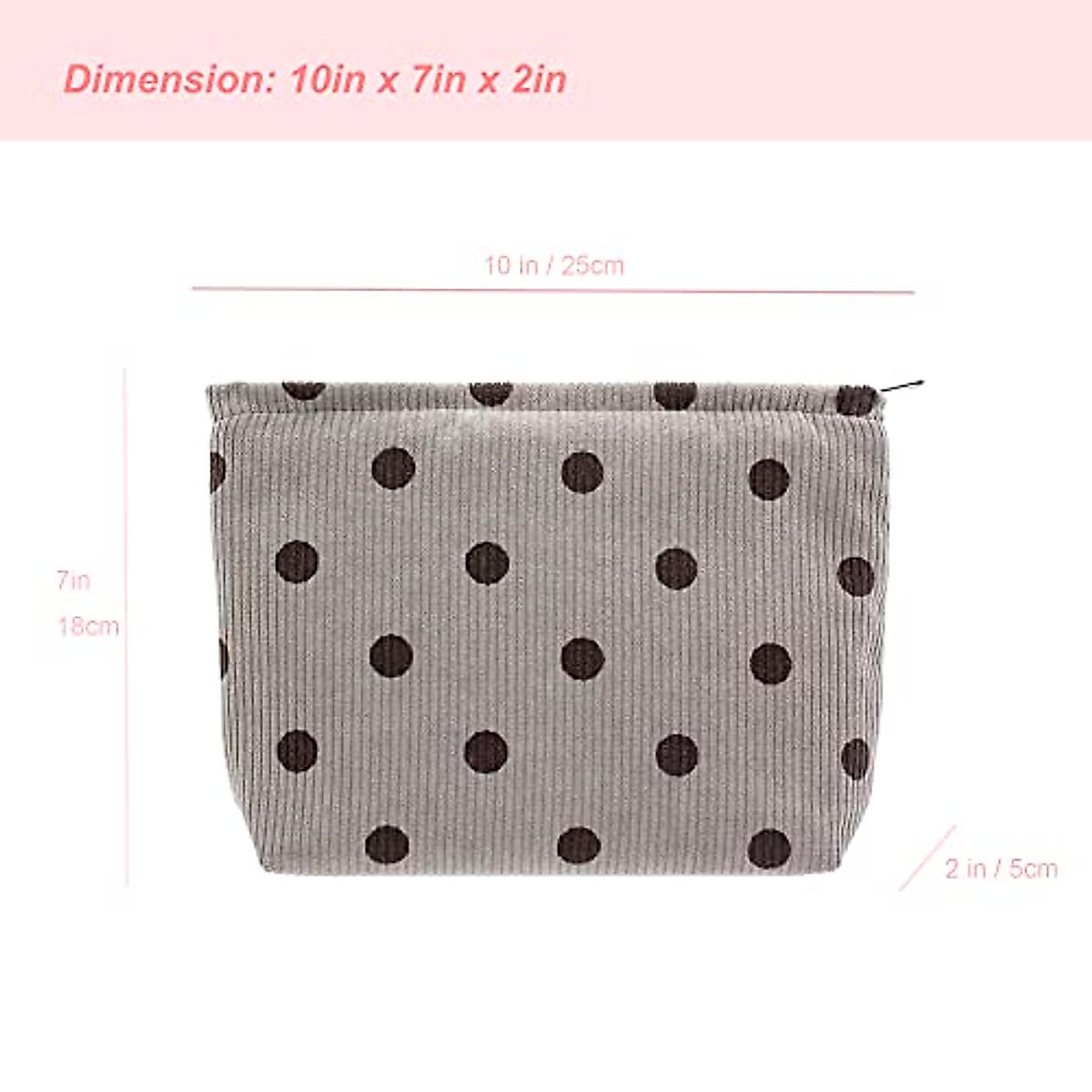 PAZIMIIK Makeup Bag Large Zipper Corduroy Make Up Pouch for Purse Travel Canvas Cosmetic Organizer for Women Brush Storage,Polka Dot Grey