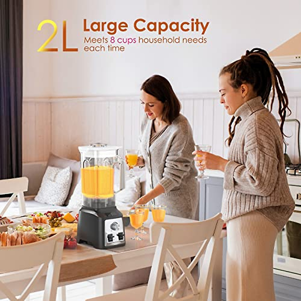 Enfmay Smoothie Blender Maker, 1450W Powerful Blender for Kitchen with 2L BPA-Free Tritan Container, 6 Stainless Steel Blades and Stepless Speeds, Kitchen Blender for Shakes/Smoothies/Ice/Soup/Nut, Silver