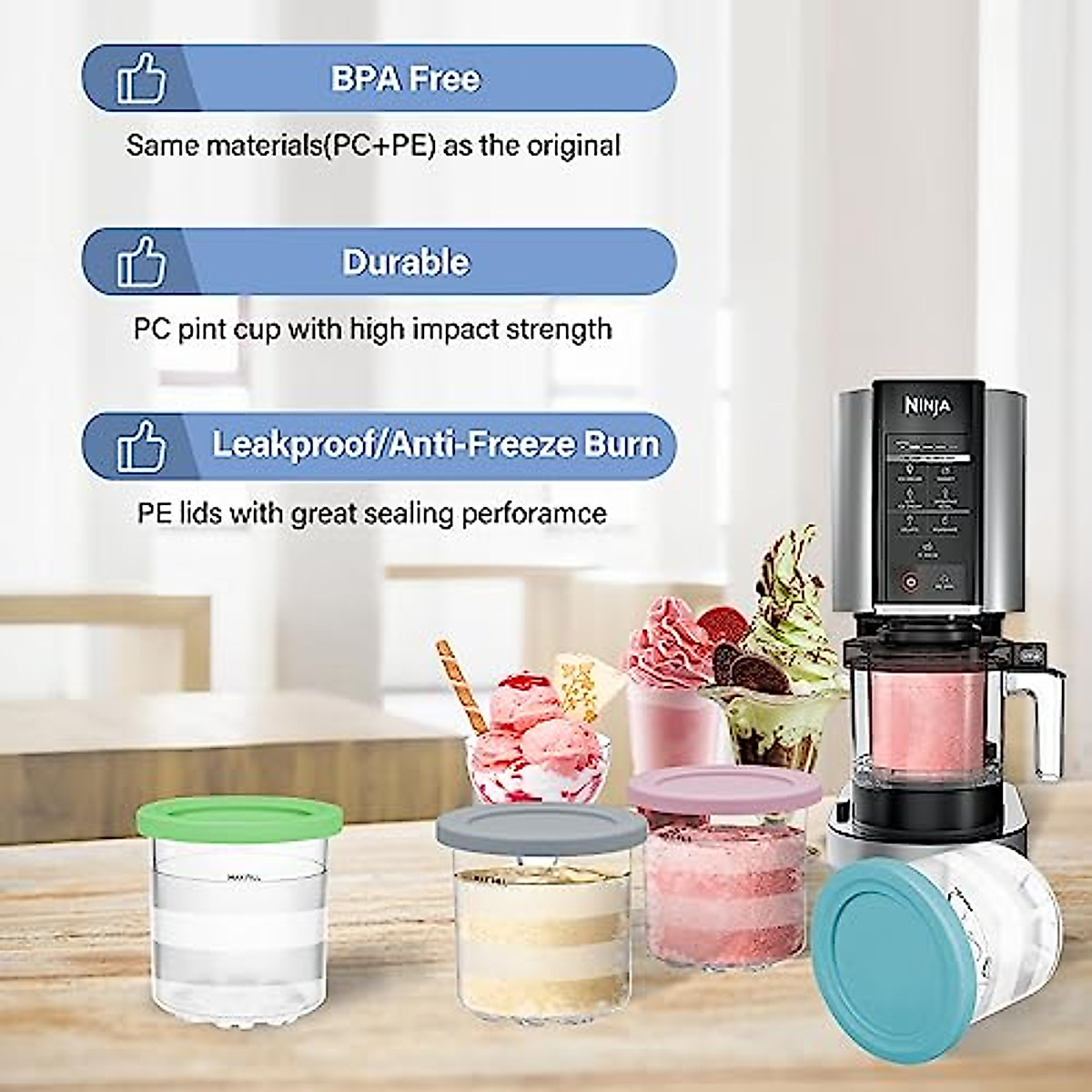 NANOBABY Pint Containers and Lids Replacement Compatible with Ninja CREAMi 7-in-1 Ice Cream Maker, 16oz Pint Cup Replacement for Ninja Creami NC301 Series,NC299AMZ NC300 CN305A CN301CO,4-Pack,BPA Free