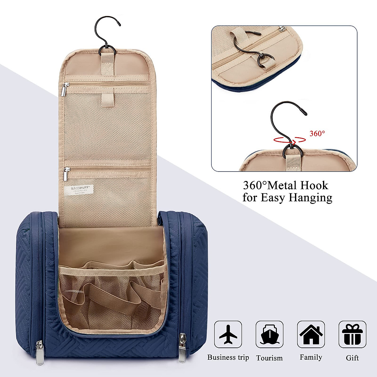 BAGSMART Travel Toiletry Bag for Women, Hanging Toiletry Bag with Hook, Travel Cosmetic Makeup Bag Travel Organizer for Accessories, Shampoo, Full Sized Container, Toiletries,Navy-Medium