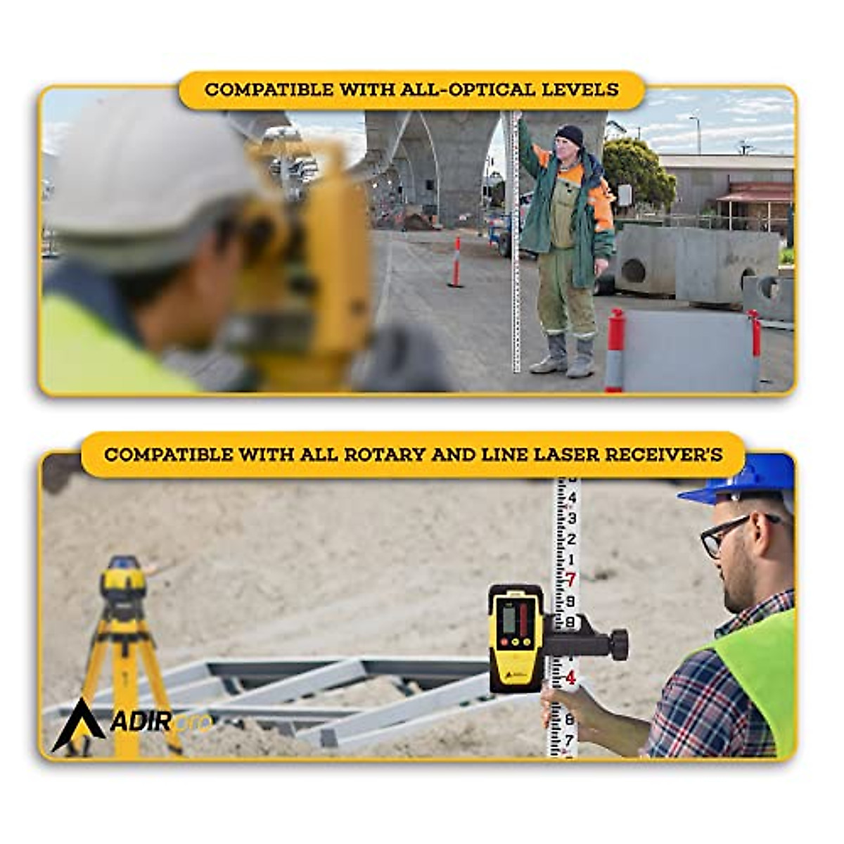 AdirPro 25-Foot Fiberglass Grade Rod – 10ths, 6-Section Telescoping Rectangular Leveling Rod – Non Glare and Corrosion Resistant – Heavy Duty Carrying Case Included