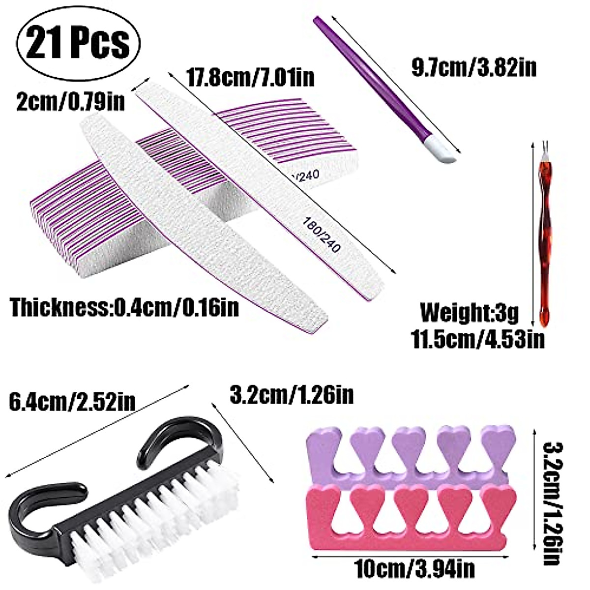 21 Pcs Professional Nail Files Set,16 Pcs Double Sided 180/240 Grits Long Lasting Polisher Washable Emery Boards for Acrylic & Natural Nails,Manicure Nail Styling Tool for Home and Salon Use