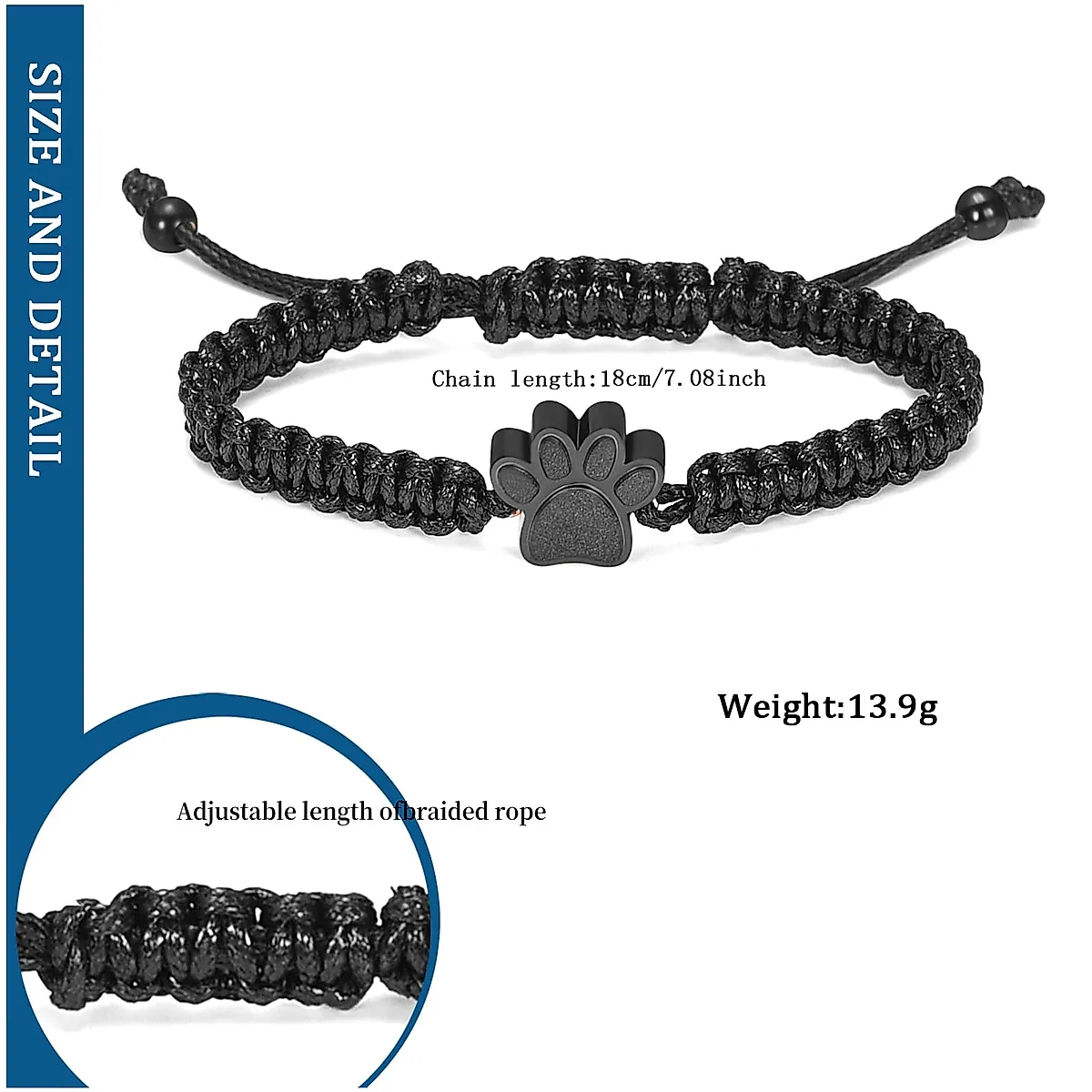 constantlife Cremation Bracelet for Pets Ashes - Dog Paw Pendant Bangle Stainless Steel Memorial Urn Jewelry (Black Rope-2Pcs/Silver+Black)