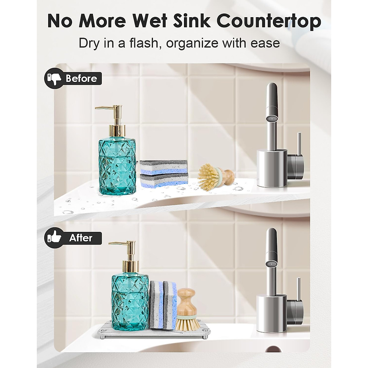 Fast Drying Stone Sink Caddy - Instant Dry Sink Organizer for Bathroom Kitchen, Water Absorbing Stone Tray for Sink Countertop, Diatomaceous Earth Quick Dry Stone Rack for Sponge, Soap Dispenser, Cup