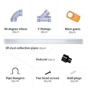 POWERTEC 70259 2-1/2" Dust Collection Fittings Network w/Reducer, Blast Gates, Pipes, 90-Degree Elbow Connector, Y-fittings, Mounting Brackets