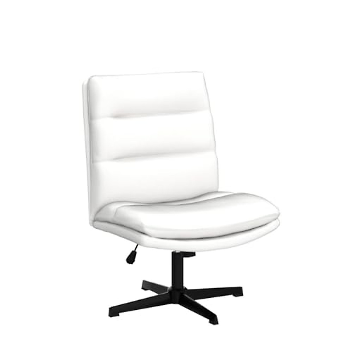 LEMBERI PU-Padded Armless Office Desk Chair No Wheels,High-Back Wide Seat Home Chair,120° Rocking Cross Legged Computer Task Chairs,Modern Adjustable Swivel Vanity Chairs (White)