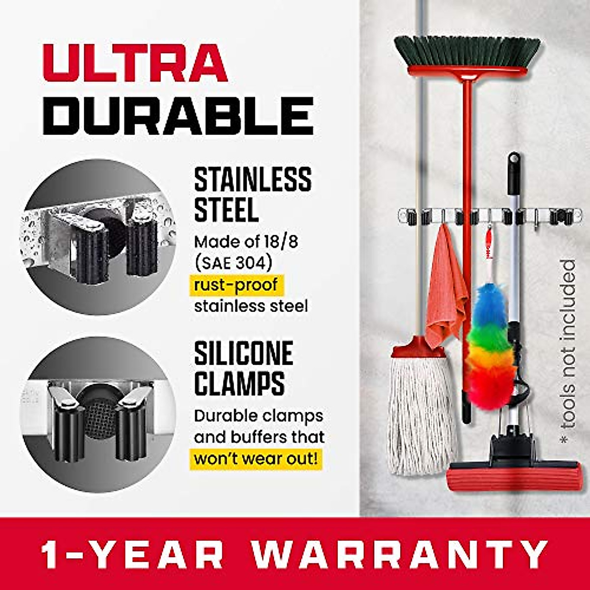 EFFEKTIVTOOLS Mop and Broom Holder Wall Mount – Self-Adhesive Stainless Steel broom hanger organizer – 4 Clamps, 3 Hooks, 5 Towel Hanging Clips Mounting Screws – Holds Up to 40 Lbs