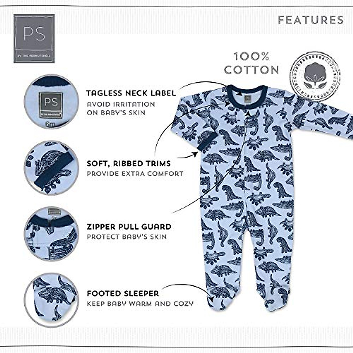 The Peanutshell Baby Sleeper Set for Boys or Girls | 3 Pack in Dinosaur, Solid Blue & Dots | Newborn to 9M Footed Pajamas (Newborn)