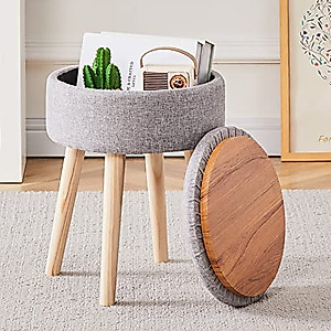 Mxfurhawa Storage Ottoman Linen Round Vanity Stool Tray Top Modern Foot Stool with Wood Legs Multifunctional Upholstered Foot Ottoman Rest for Living Room, Bathroom, Makeup (Grey)