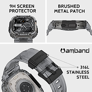 amBand Bands Case Screen Protector Compatible with Apple Watch Ultra 2/1 49mm, M1 Sport Series Rugged Cover Strap and 9H Tempered Glass Film, Protective Bumper for iWatch 49 mm Men Crystal Black