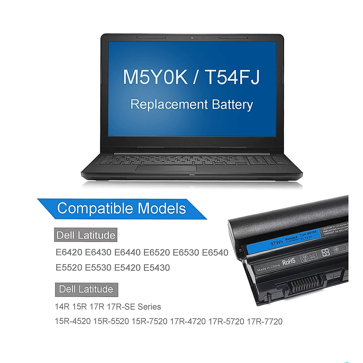 T54FJ M5Y0X Laptop Battery for Dell Latitude E6420 E6430 E6440 E6520 E6530 E6540 E5520 E5530 E5420 E5430 Fits NHXVW 8858X 312-1163 71R31 N3X1D HCJWT FRR0G [11.1V 7800mAh 97Wh 9Cell]
