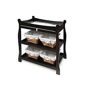 Badger Basket Sleigh-Style Baby Changing Table with Changing Pad and Safety Belt- Espresso Finish, Elegant Design with Ample Storage for Diapers and Baby Essentials