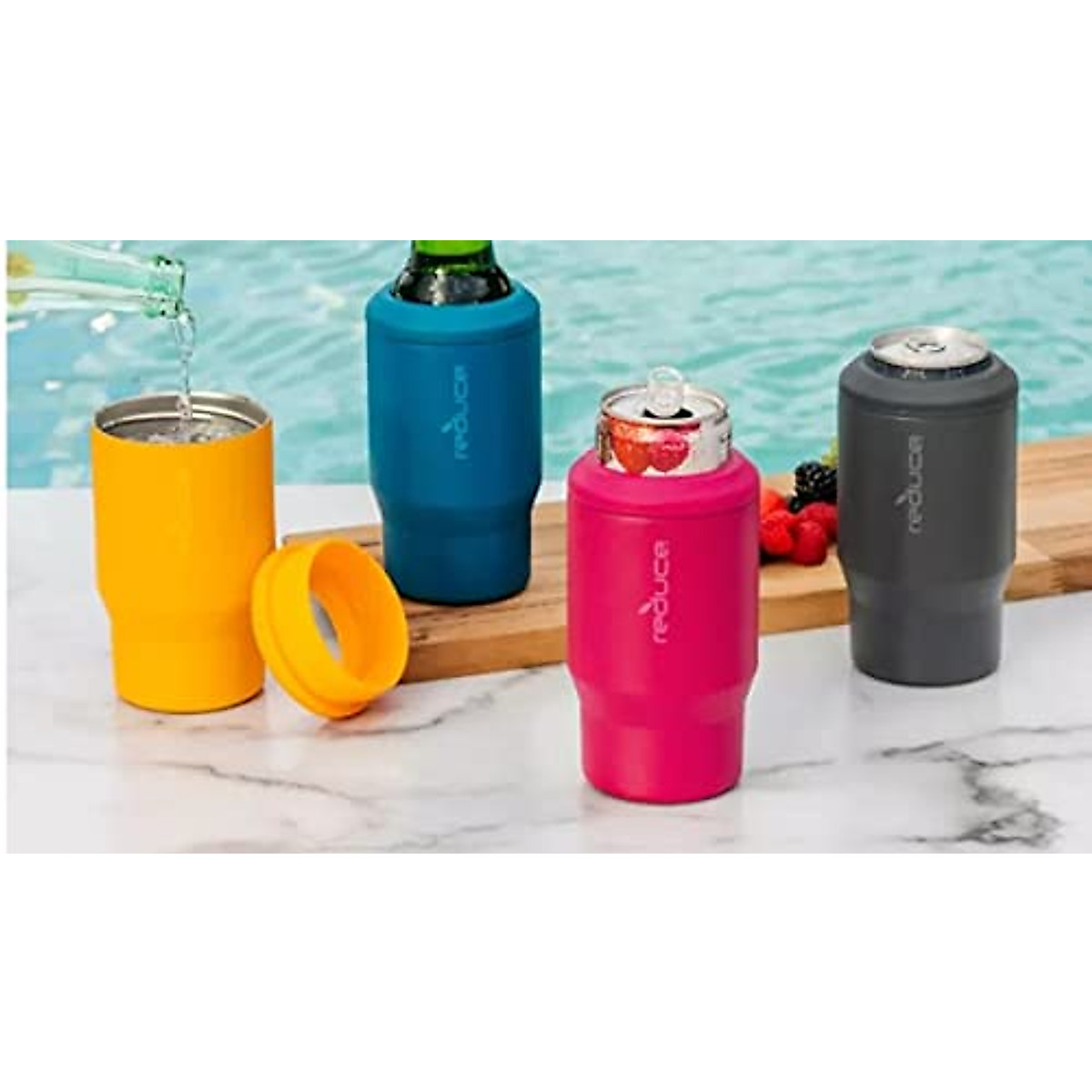 REDUCE 14 oz. Vacuum Insulated Stainless Steel Drink Cooler, 4 Pack Built-in Bottle Opener whit Non-Slip Base 4-in-1 Versatility Colors: Aqua-Red-Orange-Blue (ART1614168)