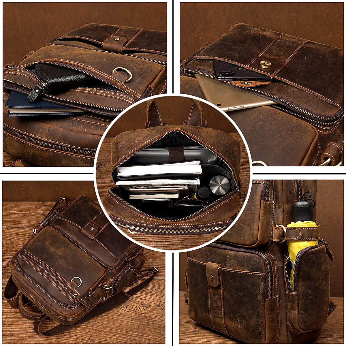 PAHVRION Men's Vintage Leather Backpack Casual Daypack Fits 15.6 Inch Laptop Brown Travel Rucksack Business Work Hiking Daypack