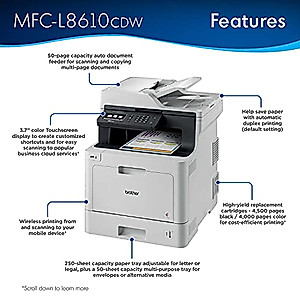 Brother MFC-L8610CD All-in-One Color Wireless Laser Printer for Home Office - Print Copy Scan Fax - 33 ppm, 600 x 2400 dpi, 8.5 x 14, Automatic Duplex Printing, 50-Sheet ADF - BROAG Printer Cable