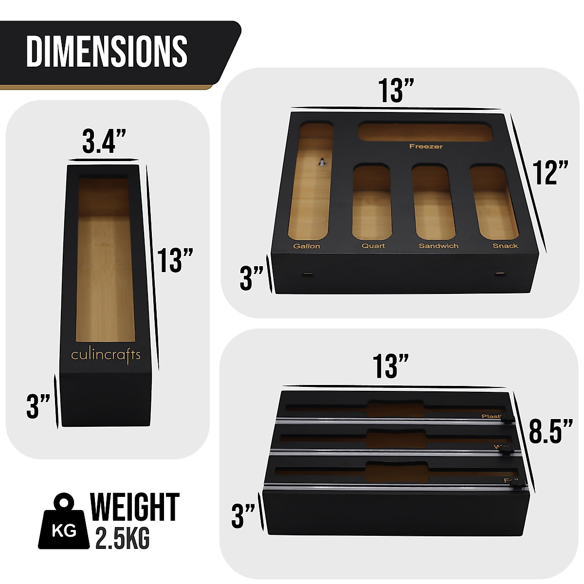 Culincraft Bamboo Storage Bag Organizer kitchen drawer | Holder for Gallon, sandwich and snack bags, aluminium foil holder with Plastic Wrap Storage Organizer