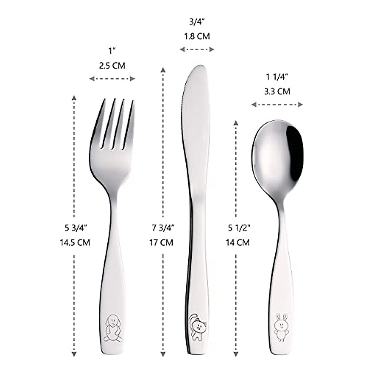 ANNOVA Children's Flatware 18 Pieces Set - Stainless Steel Cutlery/Silverware 6 x Safe Forks, 6 x Dinner Knife, 6 x Dinner Spoons - Safe Kids Toddler Utensils Lunch Box (Engraved Dog Cat Bunny)