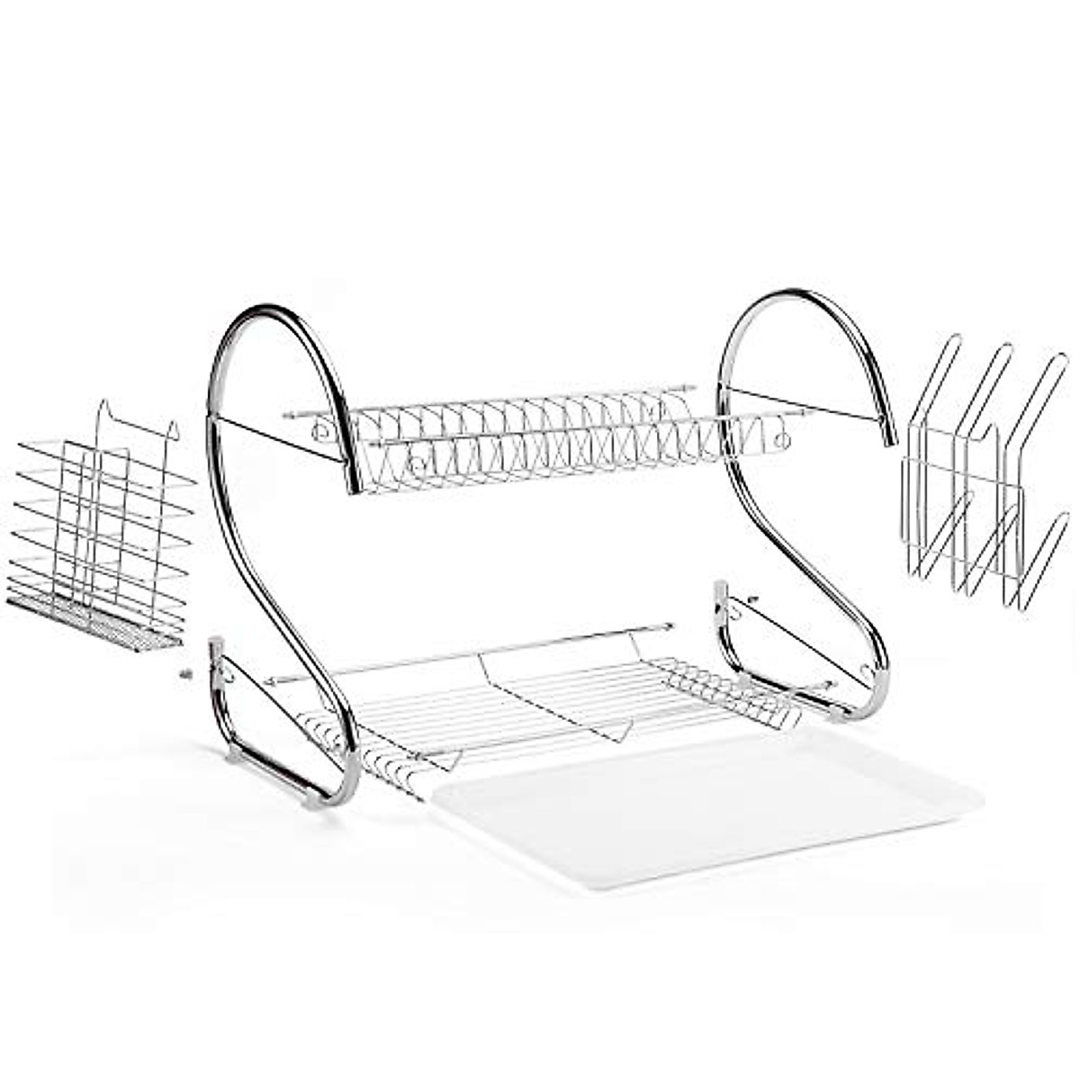 Glotoch 2-Tier Full Sized Dish Drying Rack with Utensil Holder and Cup Holder with Dish Water Drain Board Tray Rustproof Chrome Plating 16.5 x 10 x 15 Inches Storage Space Saving Kitchen Organizer