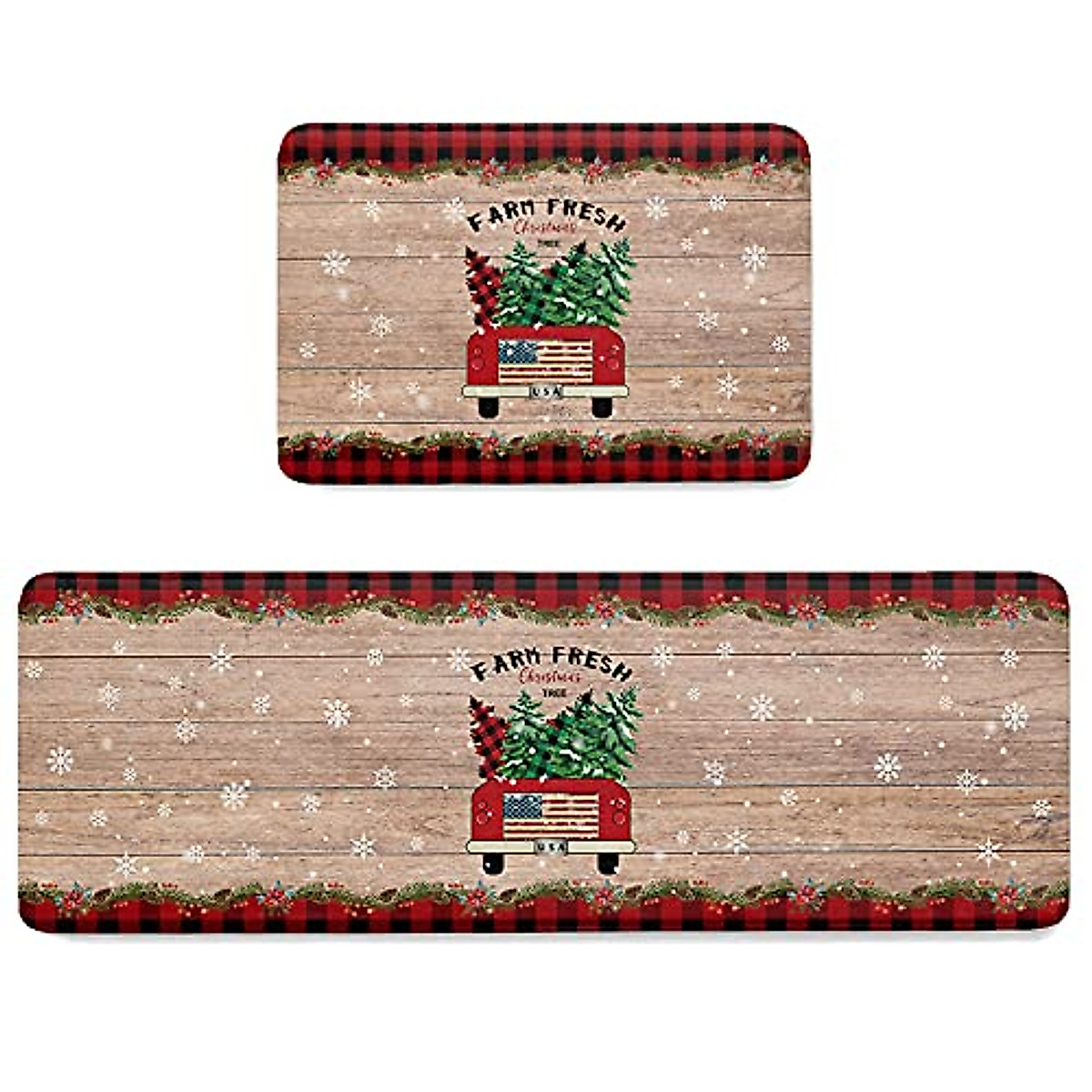 Kitchen Mat Rug Set of 2 Christmas Red Truck Xmas Tree Wood Grain Black Plaid Runner Rug Anti-Fatigue Comfort Memory Foam Standing Mat Non-Slip Floor Door Mat for Bathroom Bedroom 20x32in+20x63in
