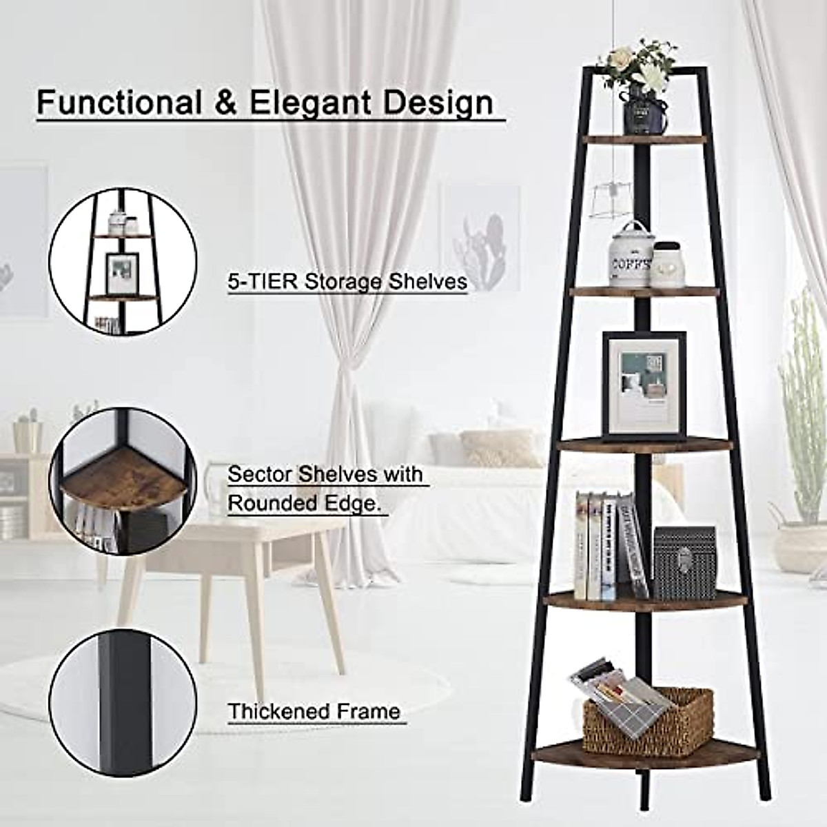 OIAHOMY Corner Shelf 70 Inch Tall Bookcase 5- Tier Industrial Corner Bookshelf Corner Ladder Shelf Small Bookshelf Rustic Plant Stand Rack Freestanding -Rustic Brown