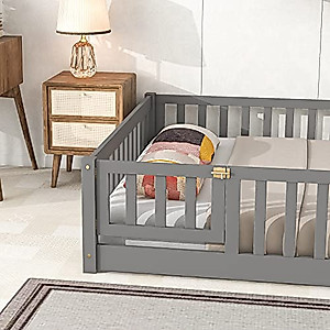 LLS Full Floor Bed for Children, Durable Montessori Floor Bed with Wood Slats, Safety Fence & Small Door, Wood Floor Bed Frame for Girls Boys and Children, Gray (with Bed Slats)